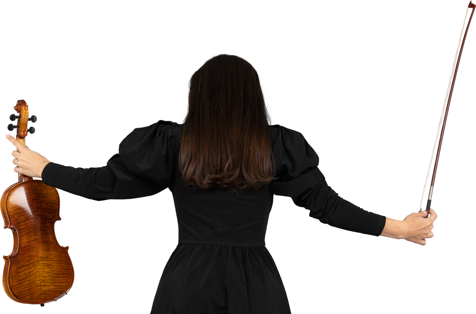 Back view of a female violin player in black dress outspreading hands Photo