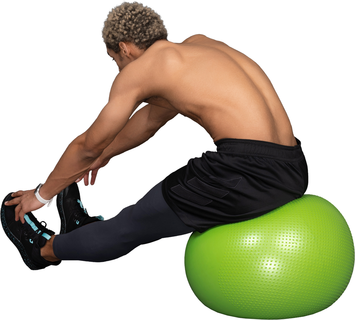 Three-quarter back view of a shirtless afro man stretching while ...