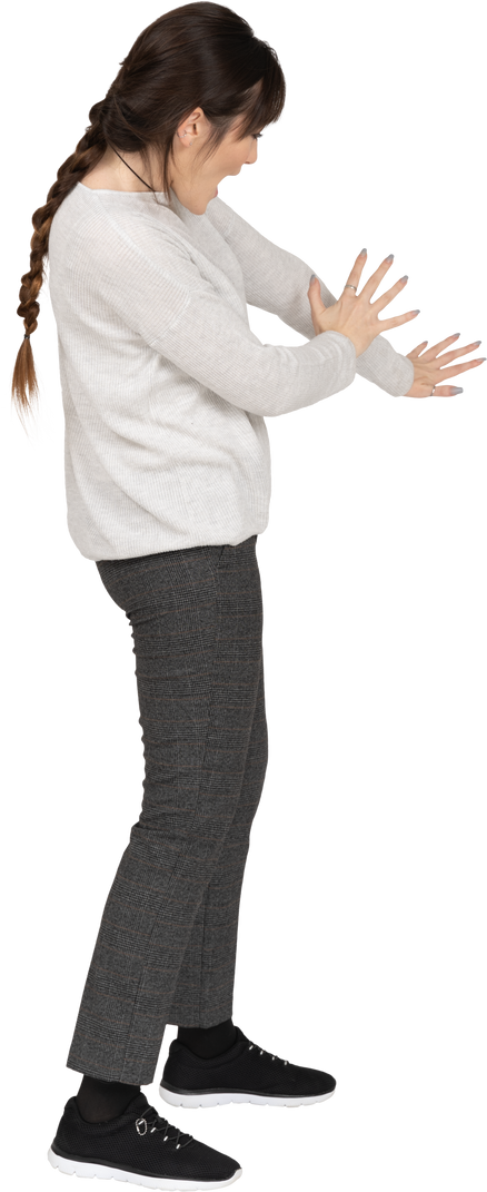 Scared woman making a stop hand gesture Photo
