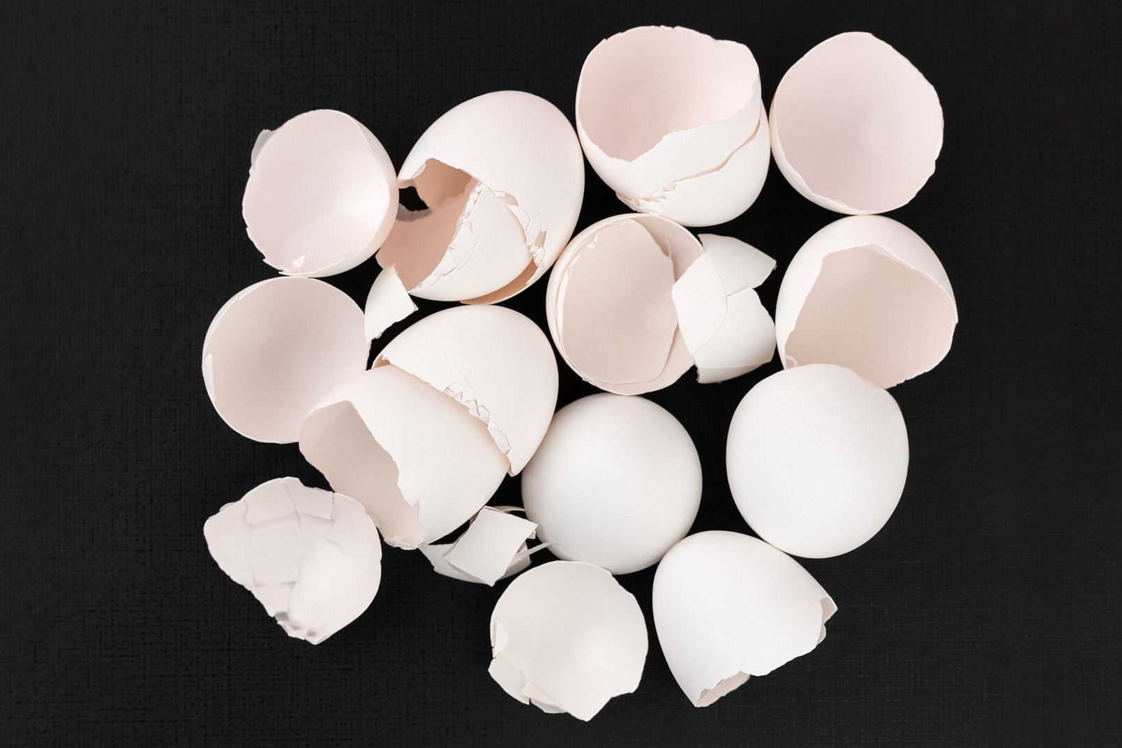 White eggshells on black background Photo